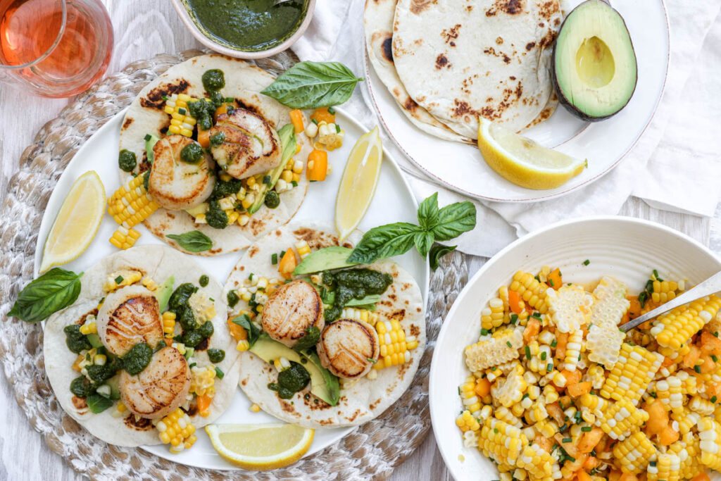 Scallop Tacos with Corn Salsa and Basil Oil | Jenny Shea Rawn