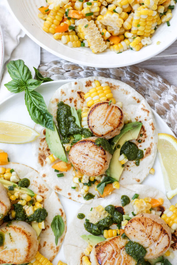 Scallop Tacos with Corn Salsa and Basil Oil | Jenny Shea Rawn