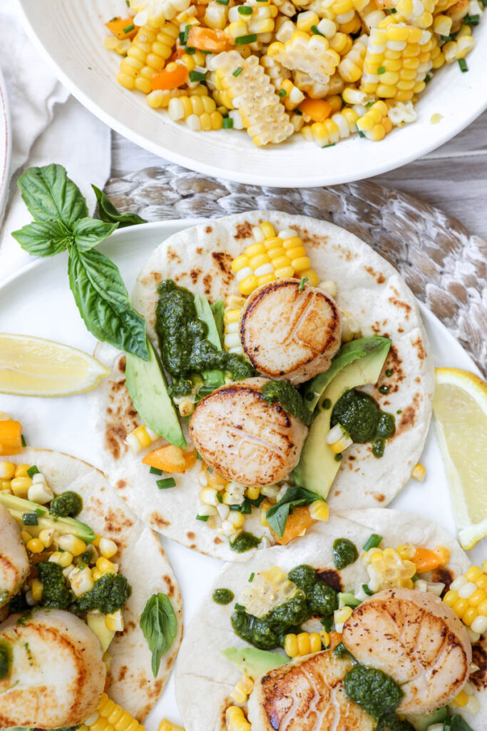 Scallop Tacos with Corn Salsa and Basil Oil | Jenny Shea Rawn