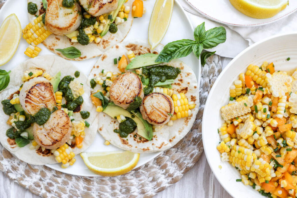 Scallop Tacos with Corn Salsa and Basil Oil | Jenny Shea Rawn